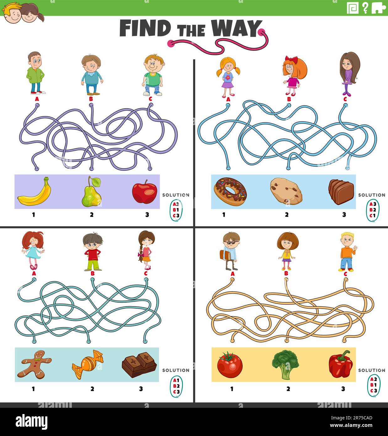 Cartoon illustration of find the way maze puzzle games set with ...