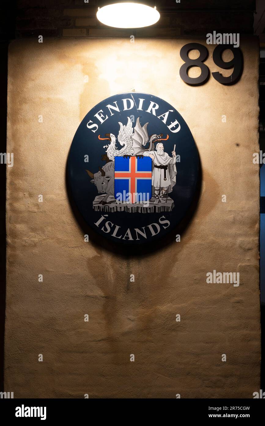Sign at the entrance of the Embassy of Iceland in Copenhagen, Denmark ...