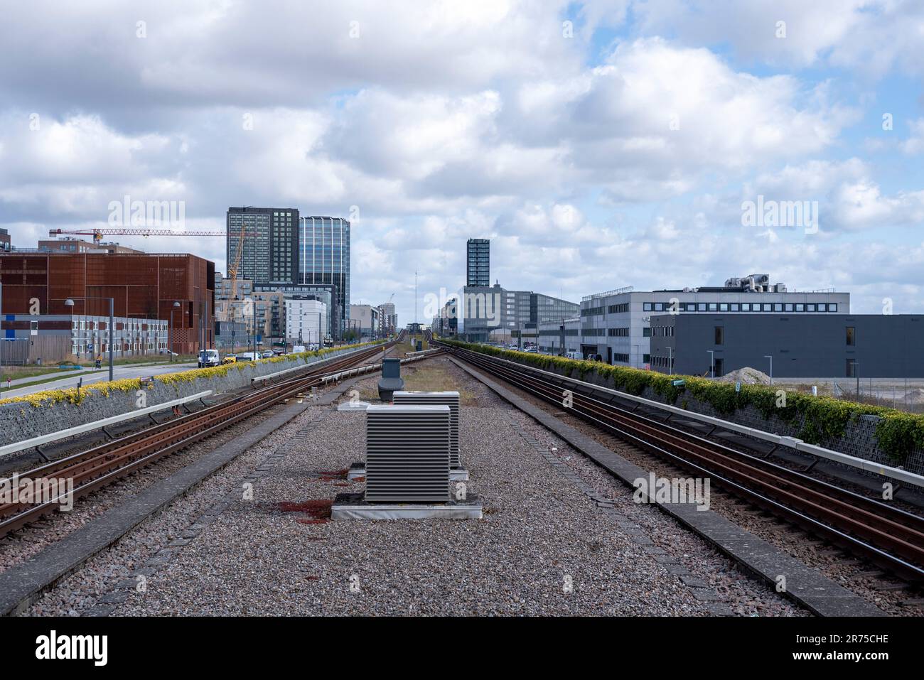 skyscrapers, track bed, railroad tracks, Copenhagen, Denmark Stock ...