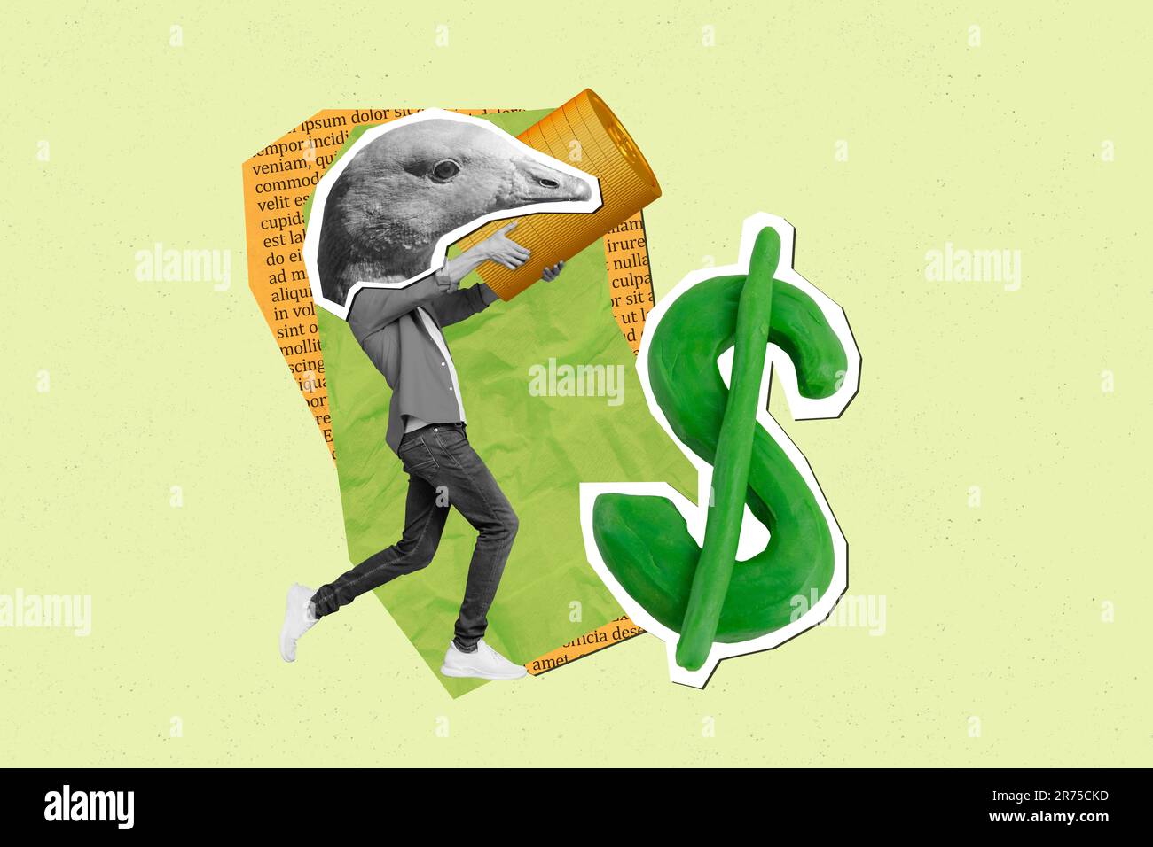 Creative collage image of black white effect guy bird head arms hold ...