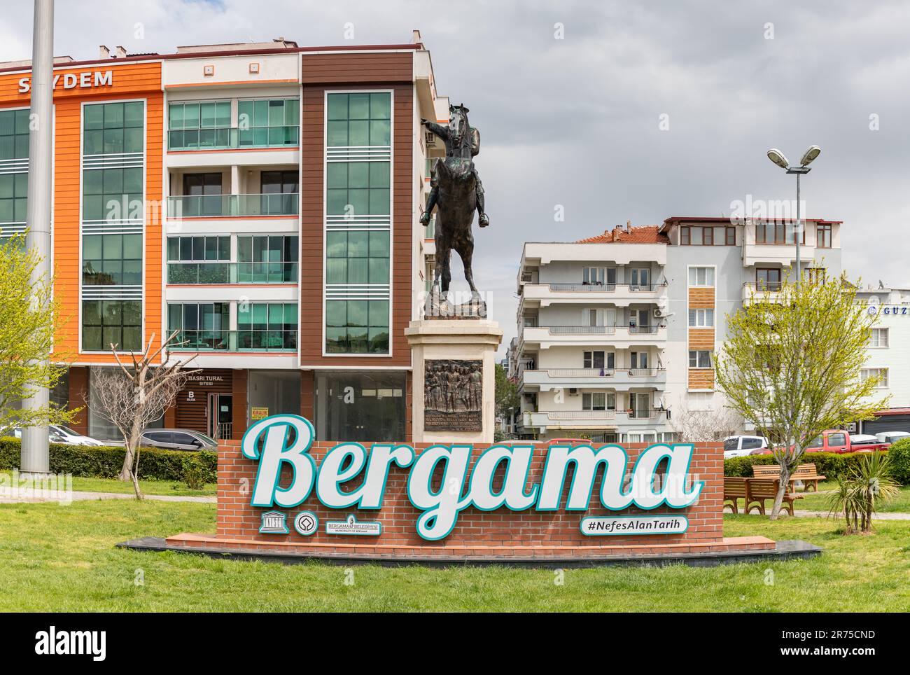 A picture of the Bergama Sign and the Ataturk Statue Stock Photo - Alamy