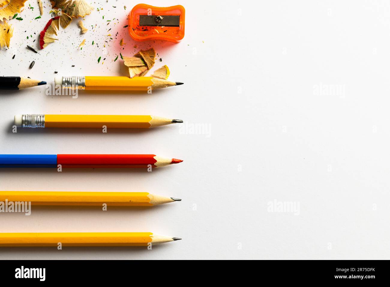 Close up of pencils with erasers in row, sharpener with copy space on ...