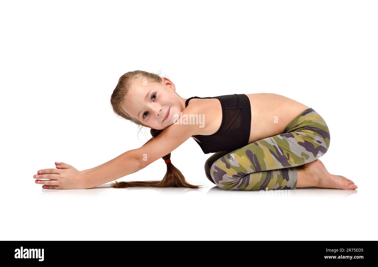 cute girl does exercise on white background Stock Photo - Alamy