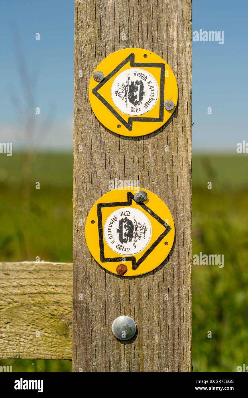 A Monarch's Way waymarker post and signage on near Stetning Bowl in the ...