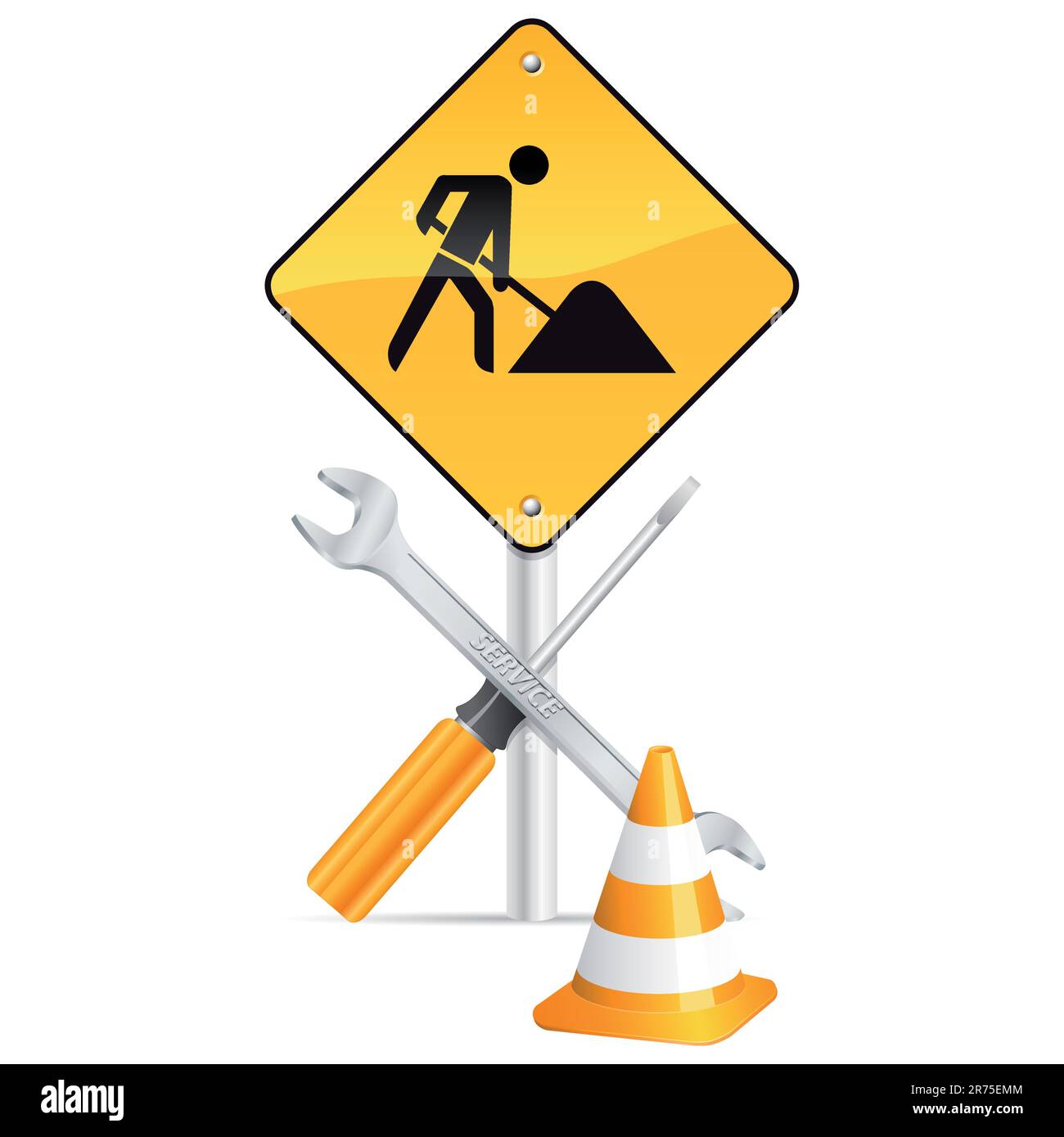 screwdriver, spanner, pylon and road sign isolated on white background ...