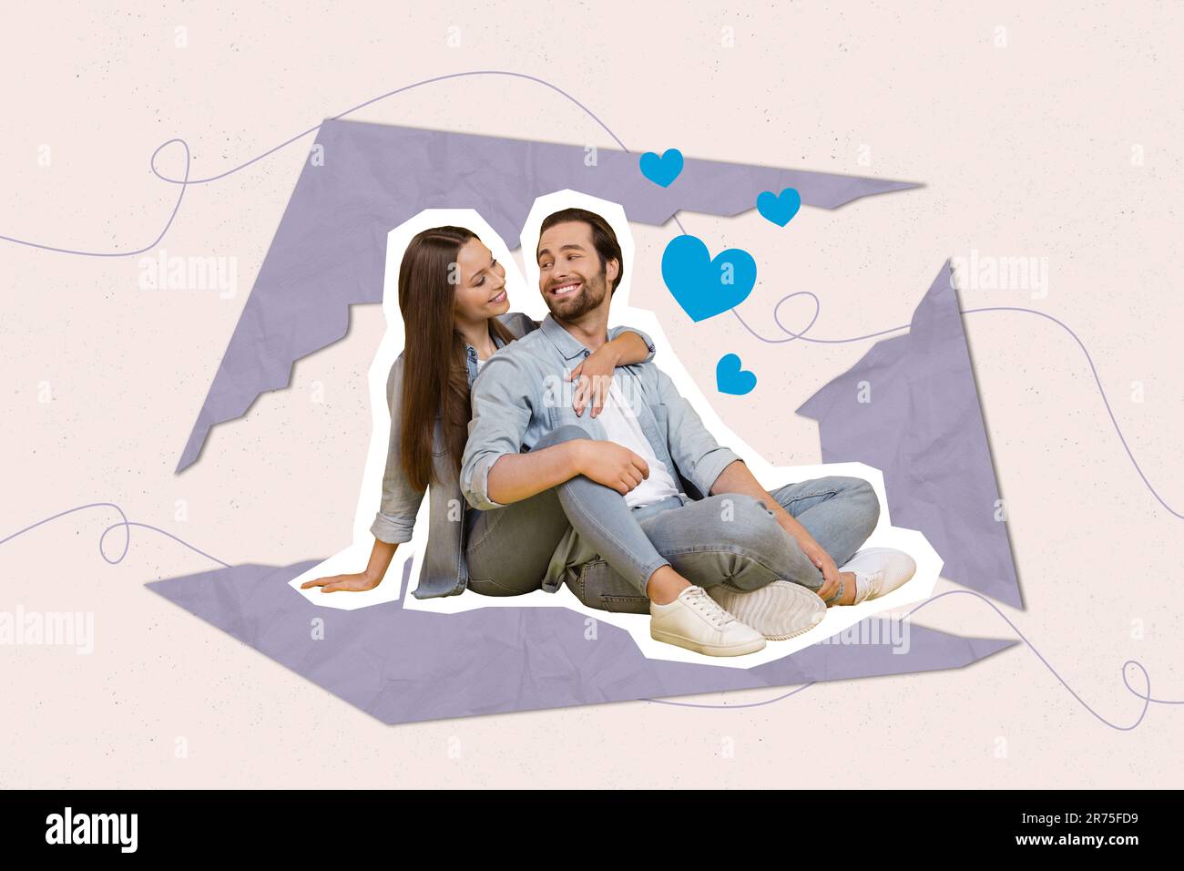 Photo collage artwork minimal picture of cute charming guy lady hugging ...