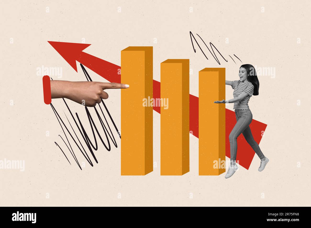 Collage image of arm point finger mini black white effect girl growing ...