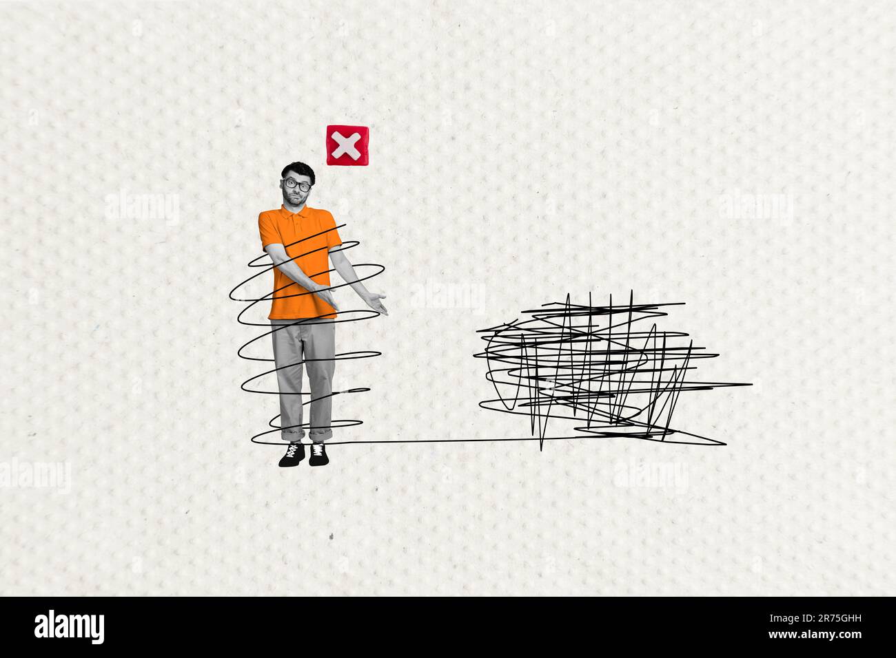 Collage artwork graphics picture of doubtful unsure guy having mental ...