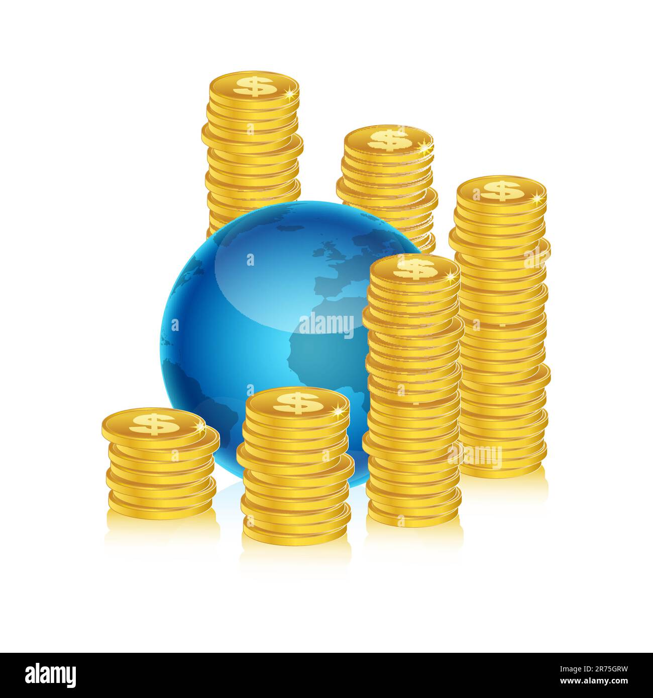 illustration of dollar coins with globe on white background Stock ...
