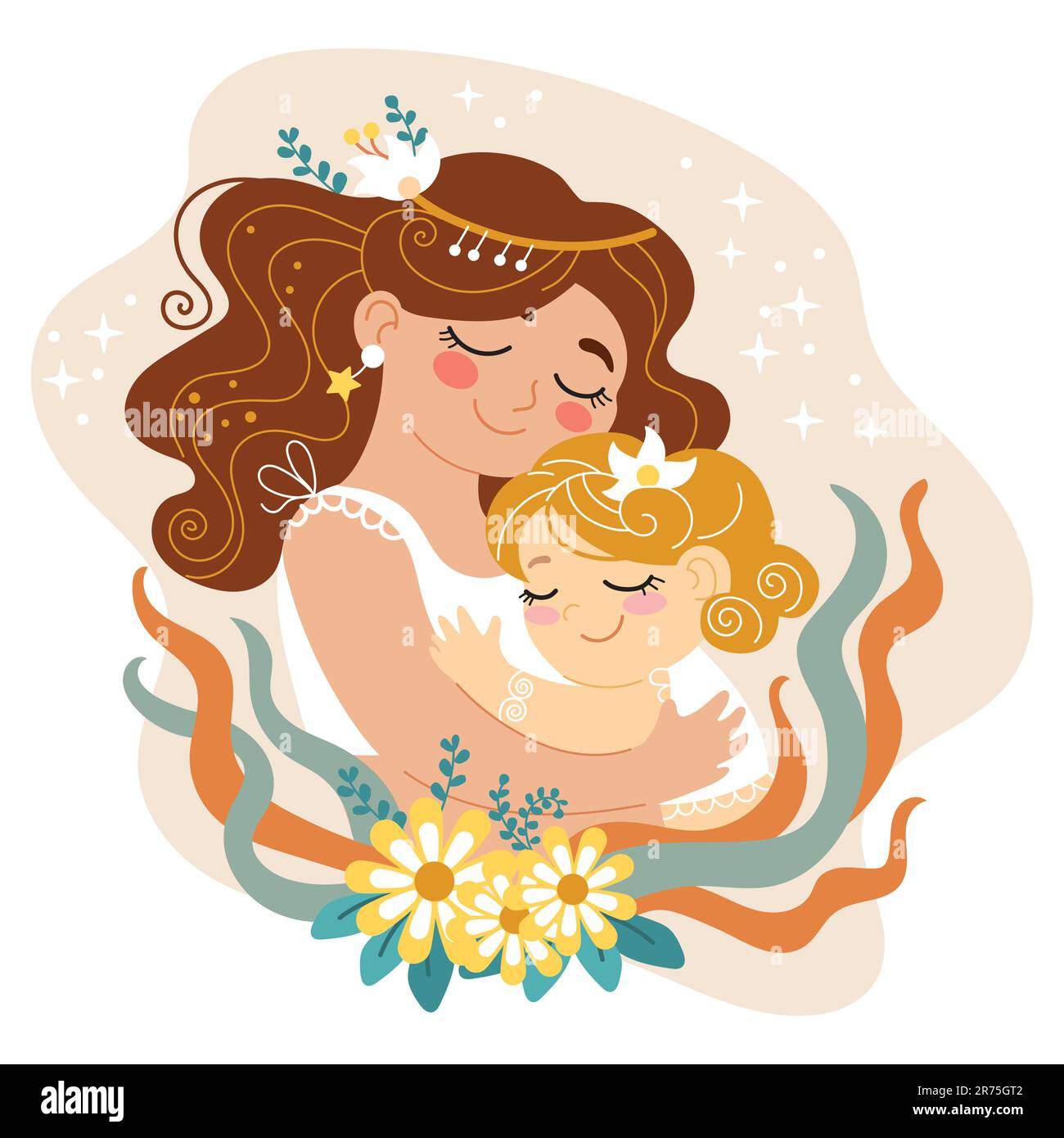 Beautiful mama hugs her little daughter. Vector cartoon illustration in ...