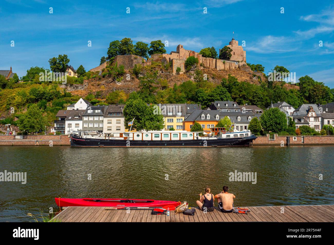 Lower town of Staden with jetty and castle ruins, Saarburg on the Saar, Saar Valley, Rhineland ...