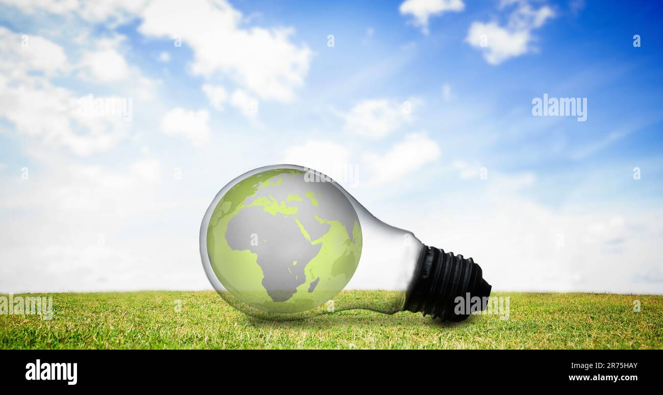 Composition of green planet earth in lightbulb on grass Stock Photo - Alamy