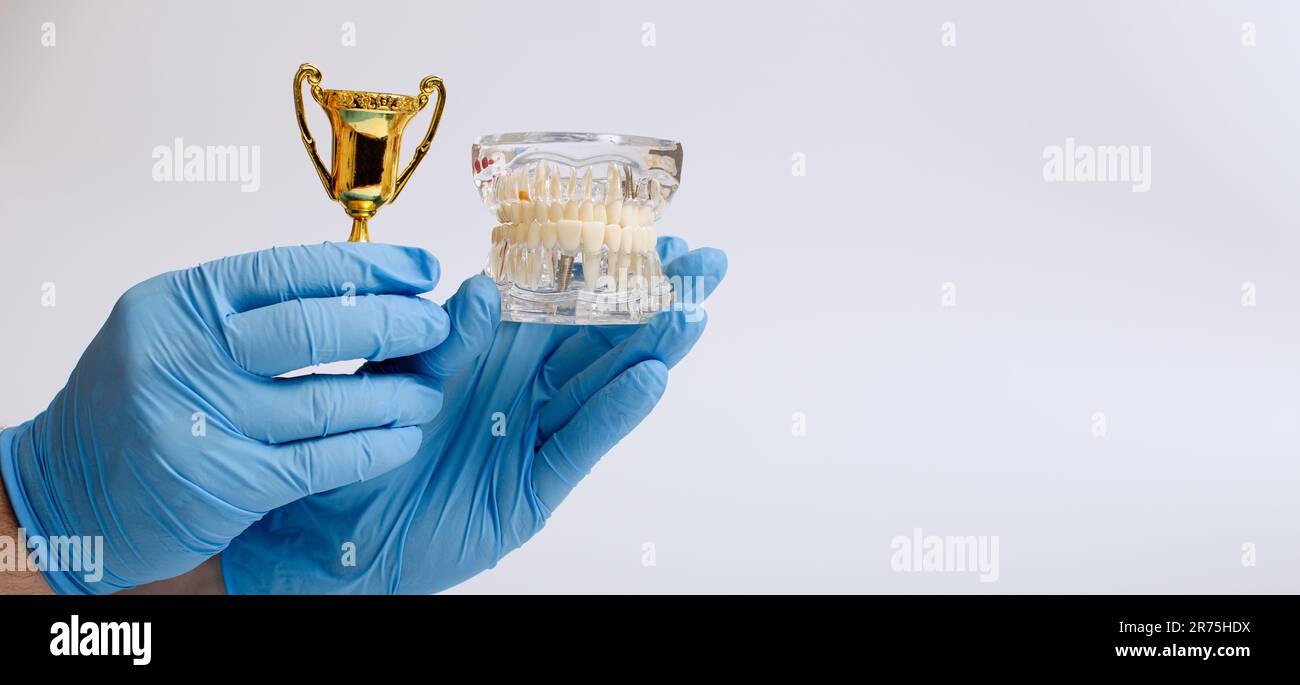 Dentist holding a trophy and a tooth model on a white Stock Photo - Alamy