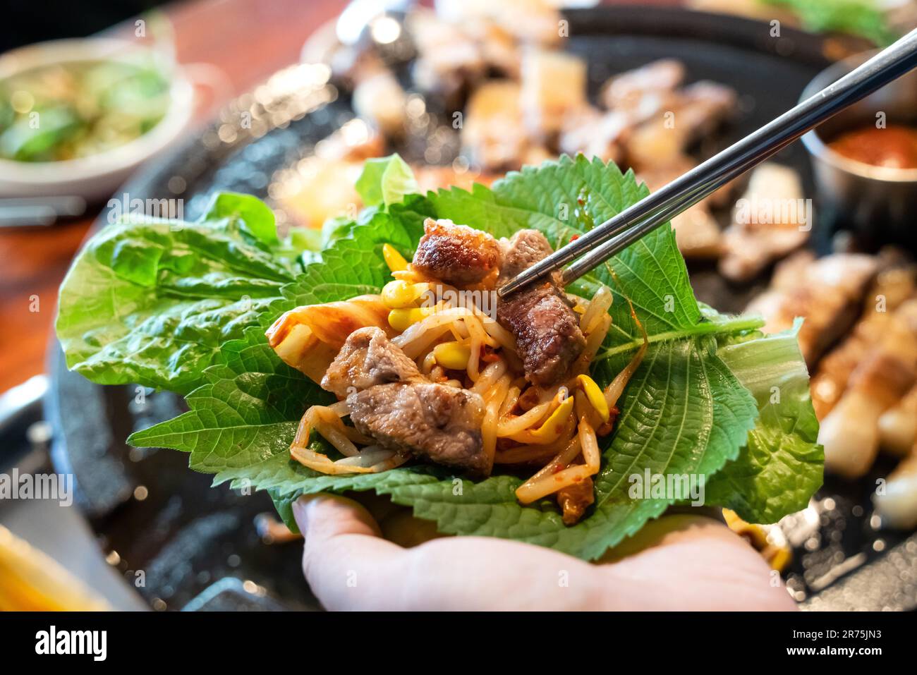 Pan-fried black pork meal in Jeju Korean restaurant, fresh delicious ...