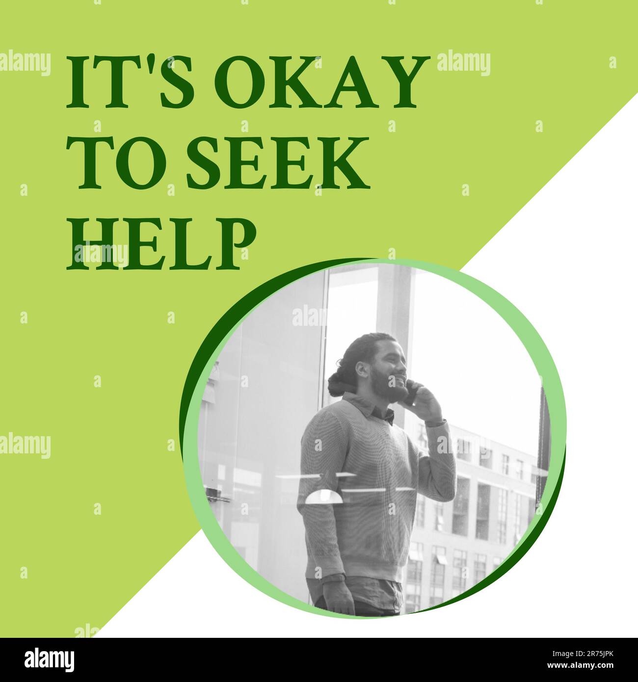 Composition of it's okay to seek help text and smiling biracial man on ...