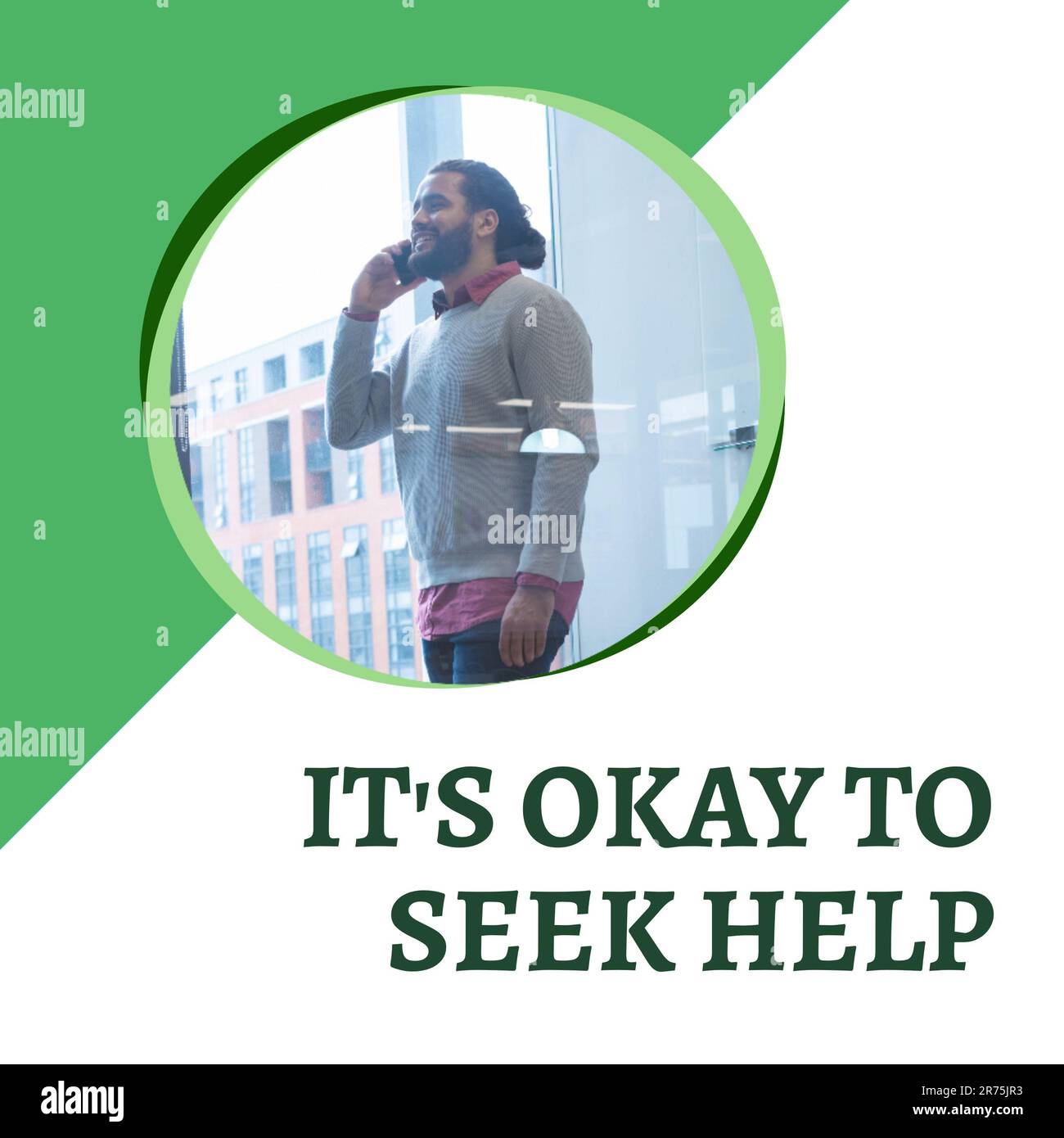 Composition of it's okay to seek help text and smiling biracial man on ...
