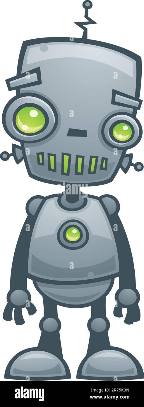 Cartoon vector illustration of a happy little robot with green eyes ...
