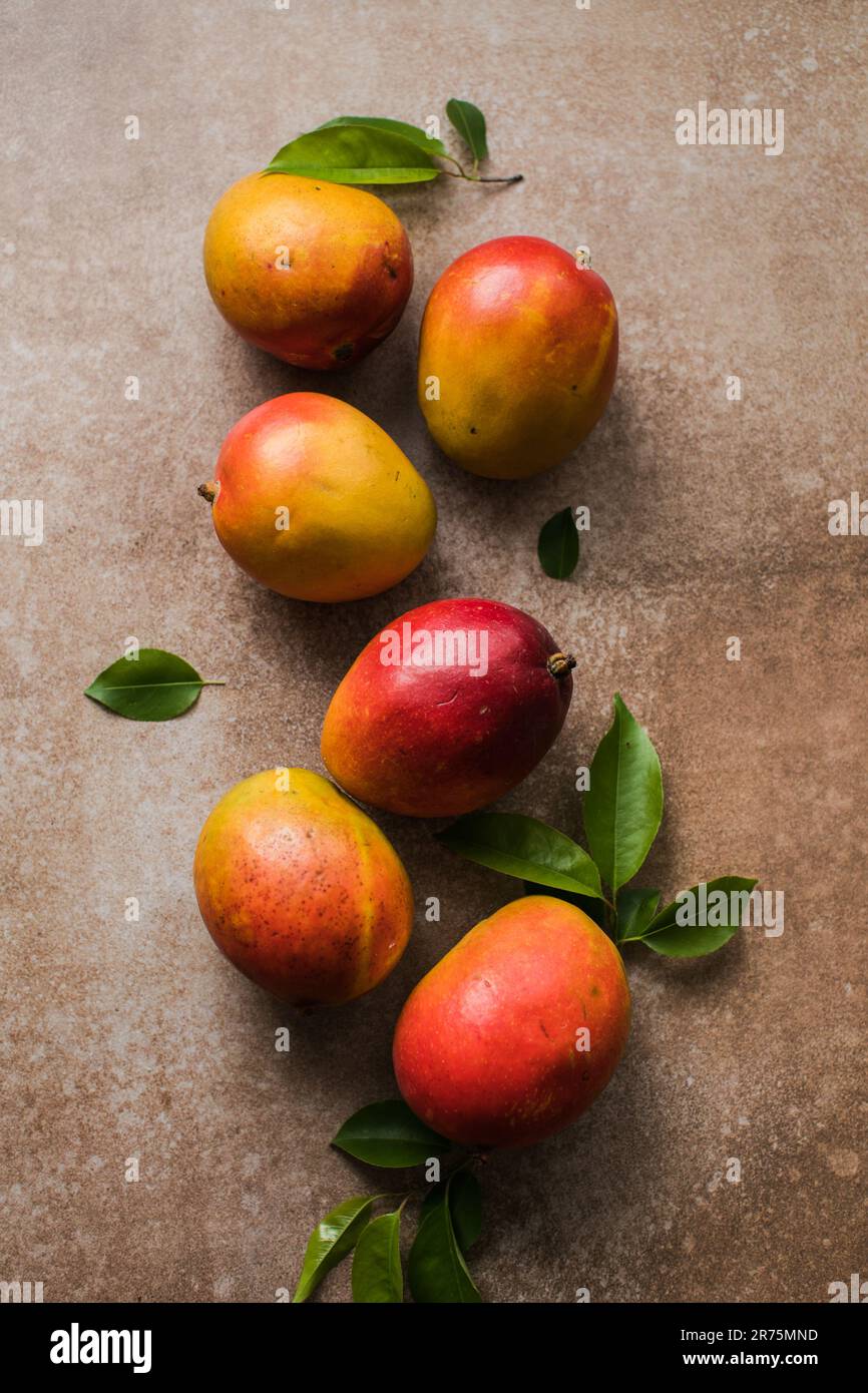 Mango background design concept. Top view of fresh mango fruit pattern ...