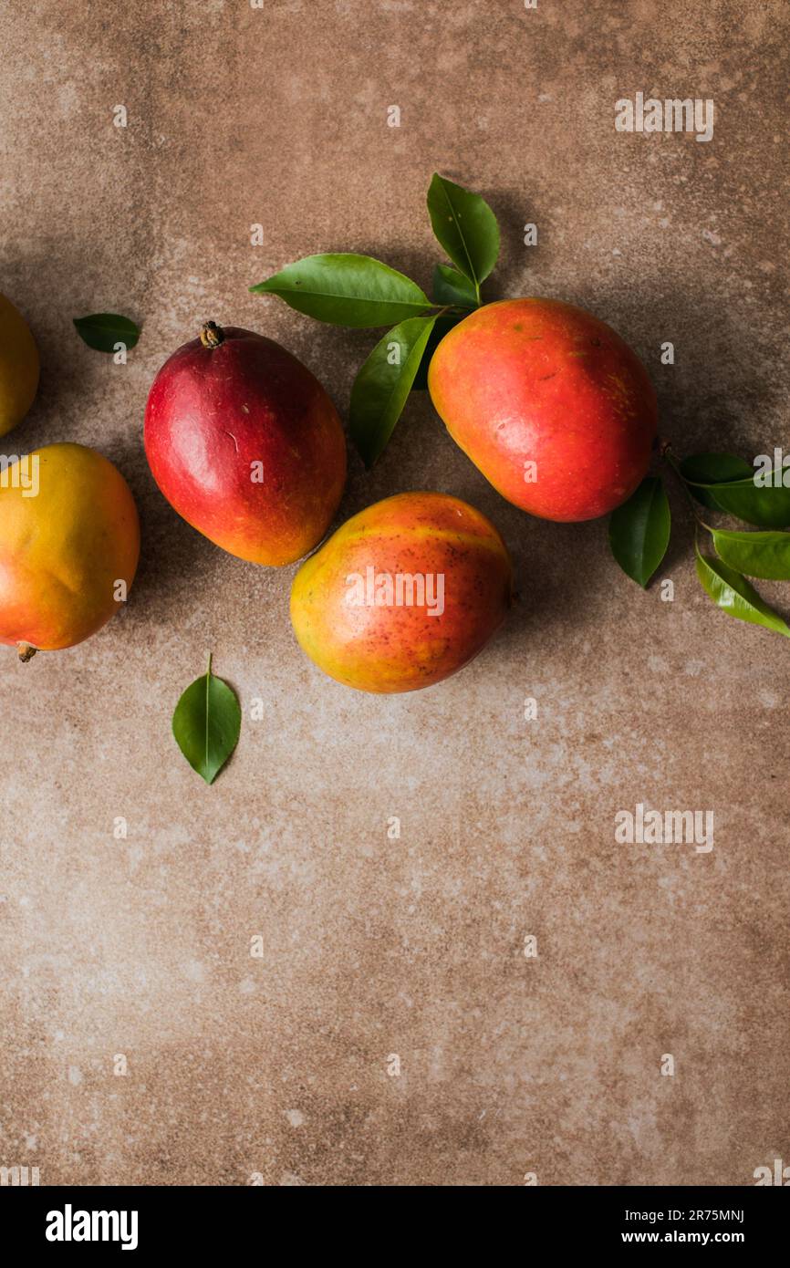 Mango background design concept. Top view of fresh mango fruit pattern ...