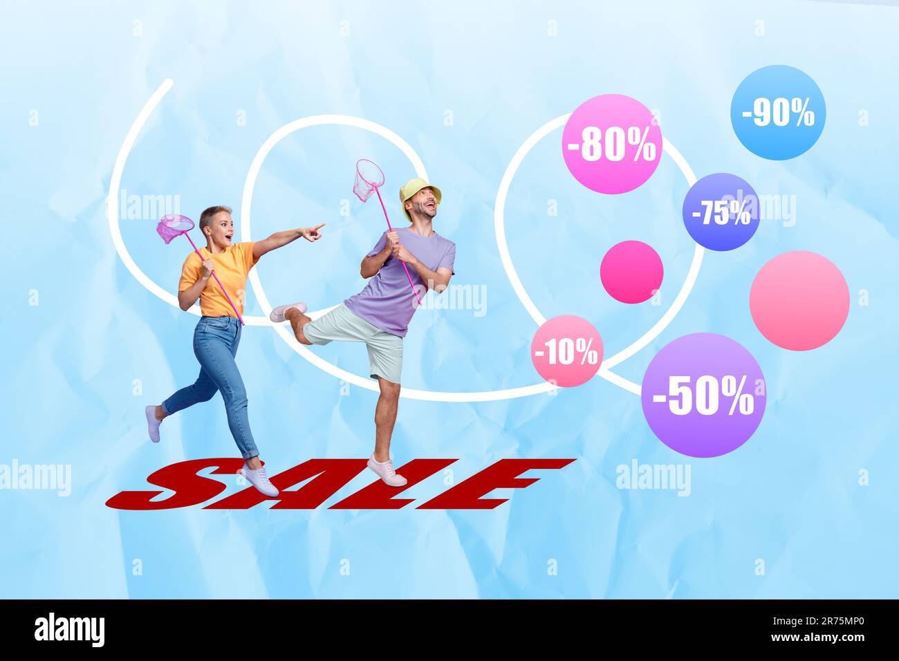 Artwork collage of excited funky lady guy catching sales percentage ...