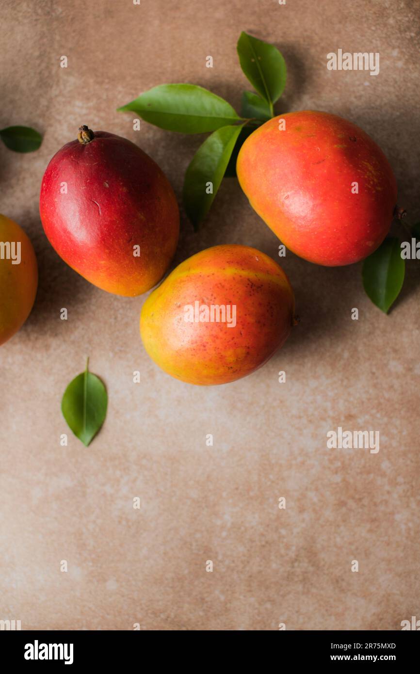 Mango background design concept. Top view of fresh mango fruit pattern ...