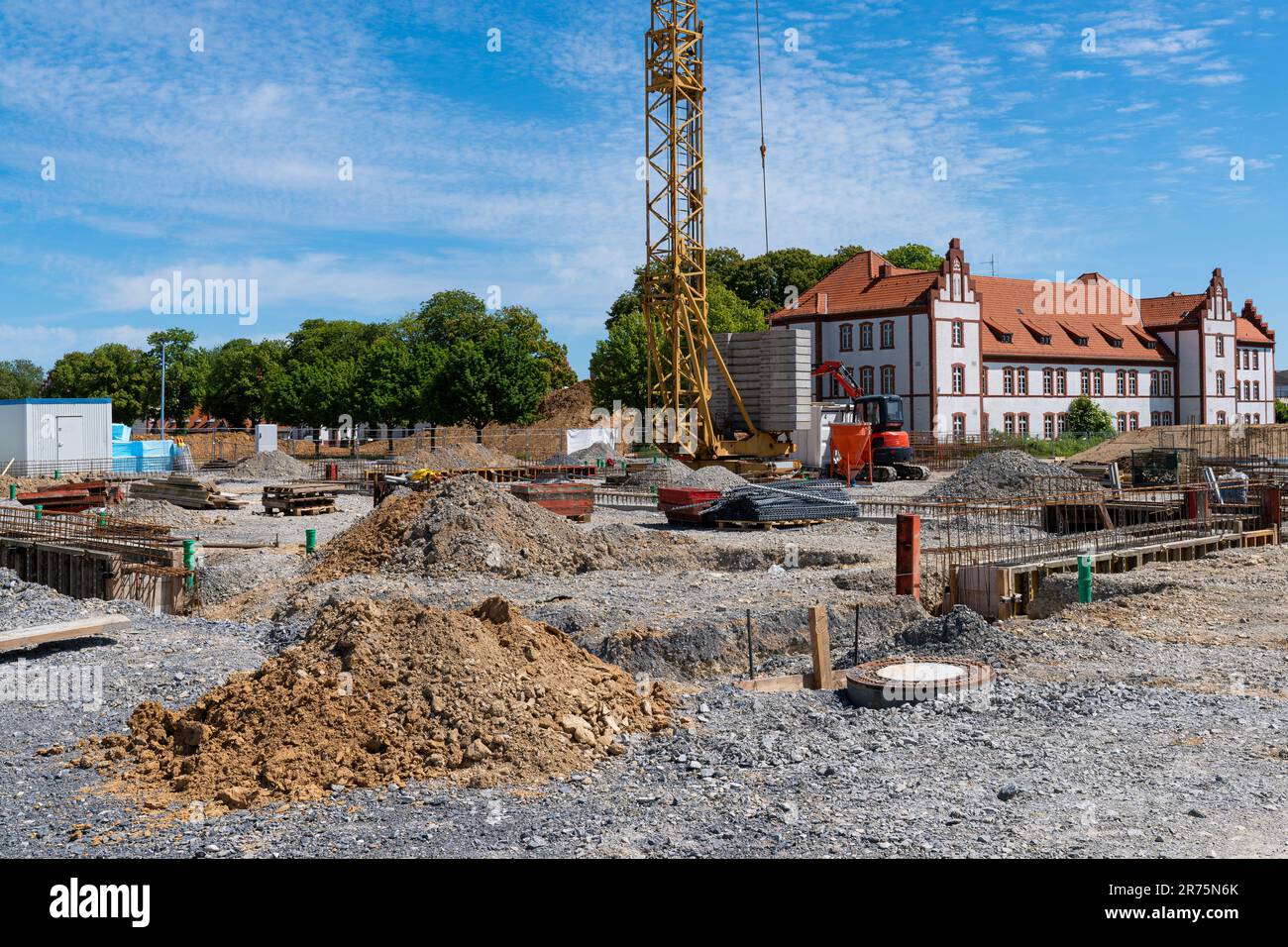 Construction site with trenches for the foundation of a new building ...