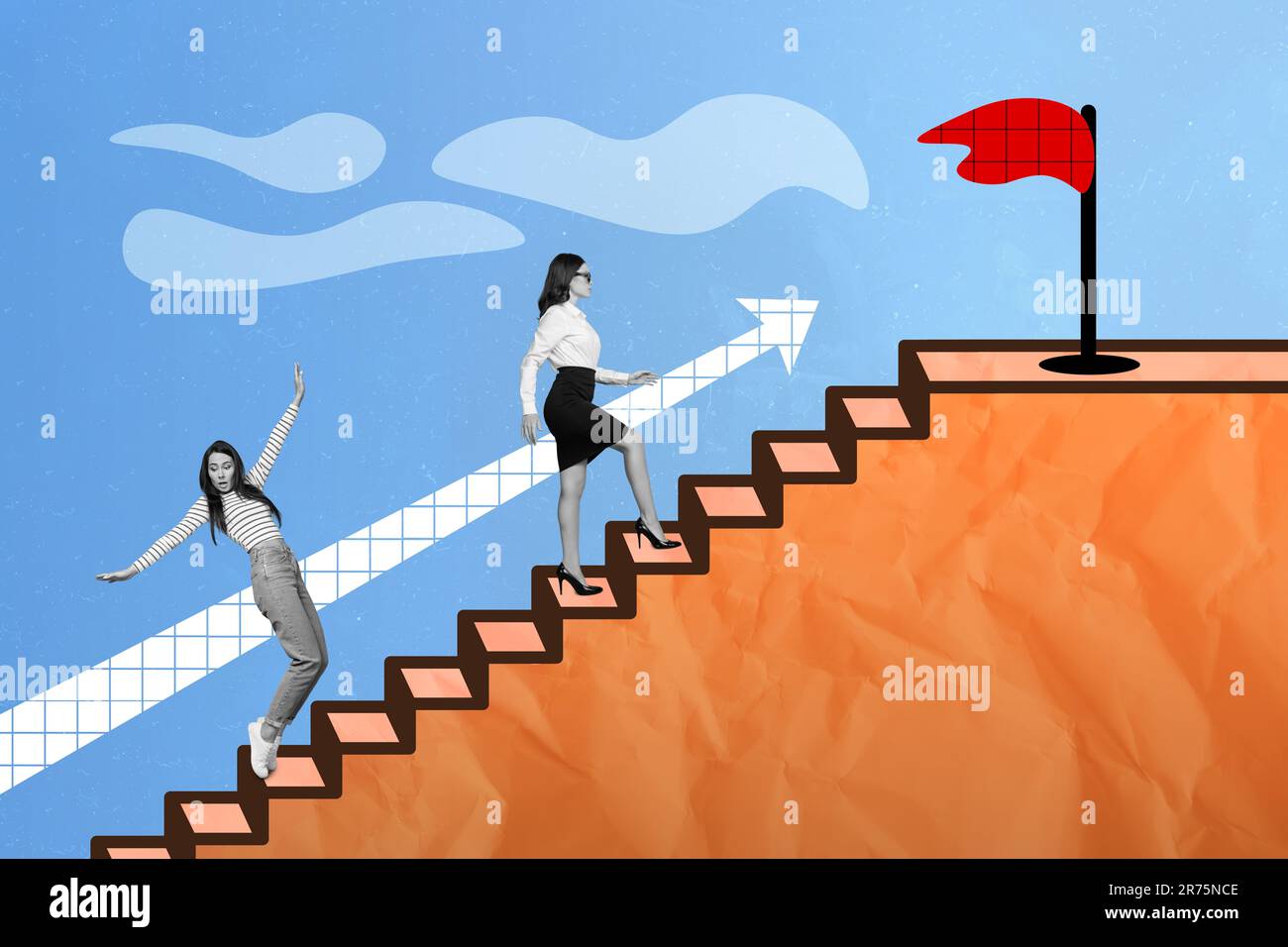 Collage portrait of two black white effect girls balancing walk climb ...