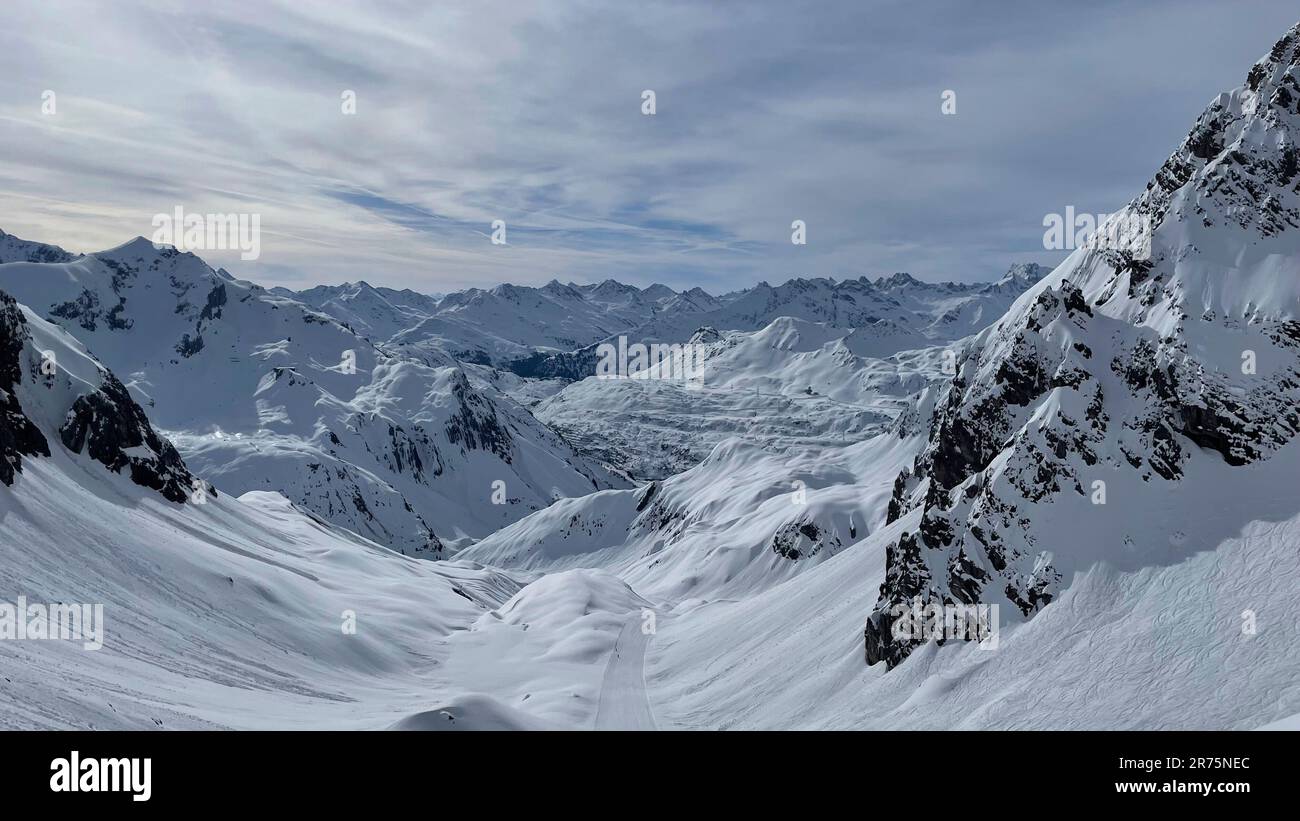 Mountain world of Arlberg, view to Zürser Täli, Zürs, ski resort ...