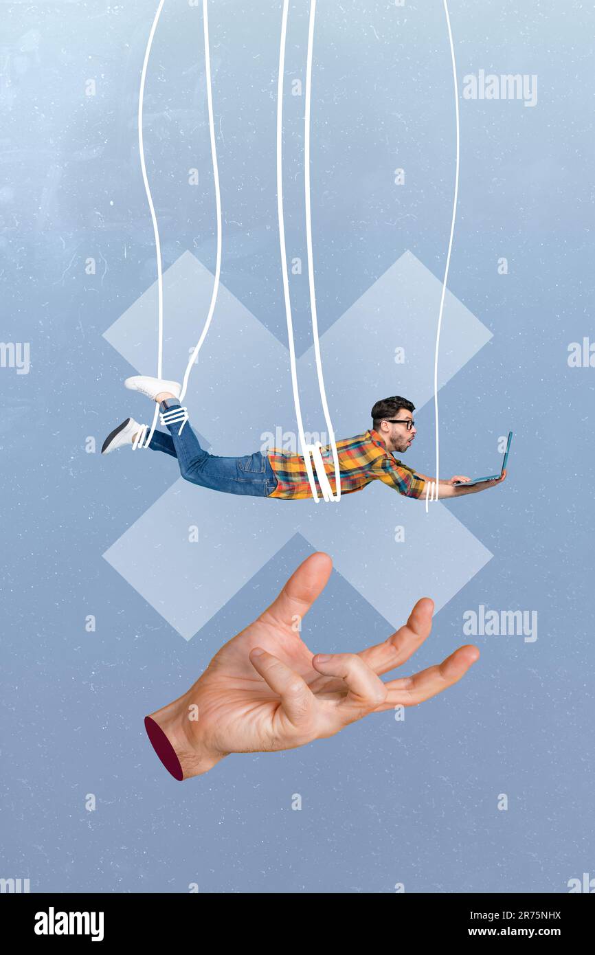 Vertical comics picture collage of young workaholic man hanging stripes ...