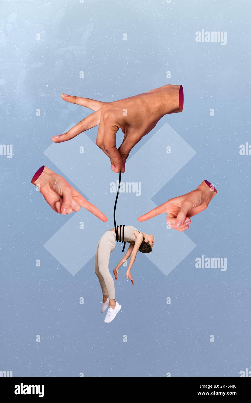 Vertical collage picture of big arms finger point hold string tied ...