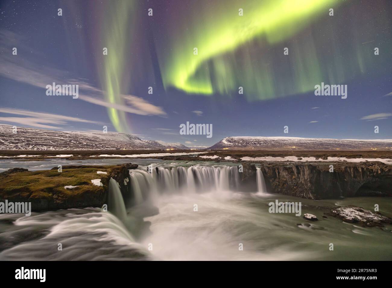 Northern lights over Godafoss waterfall in northern Iceland Stock Photo ...
