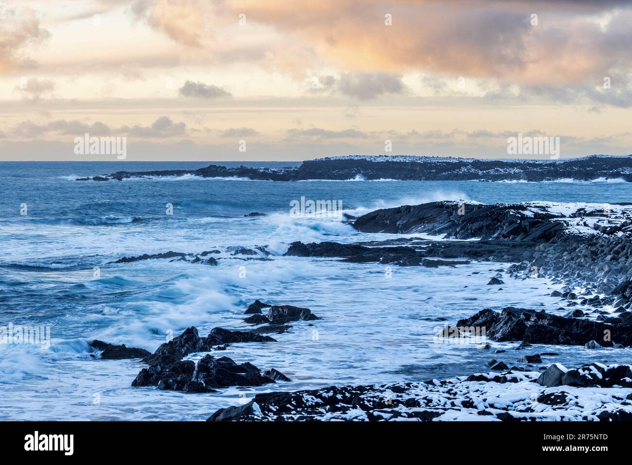 Winter view of the rocky coast of Valahnukamöl on the Reykjanes ...