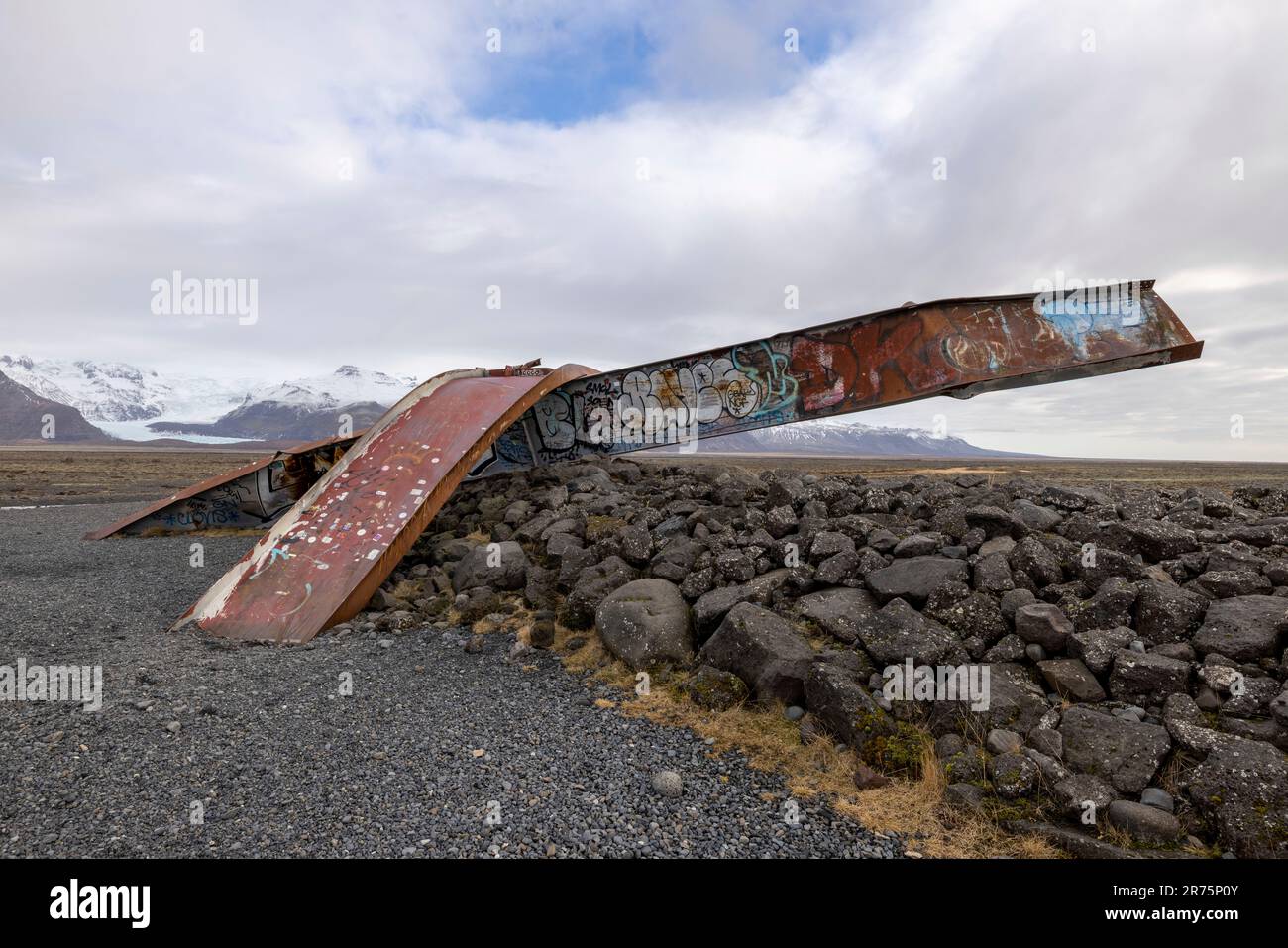 Memorial of a bridge destroyed by volcanic eruption in Iceland Stock ...