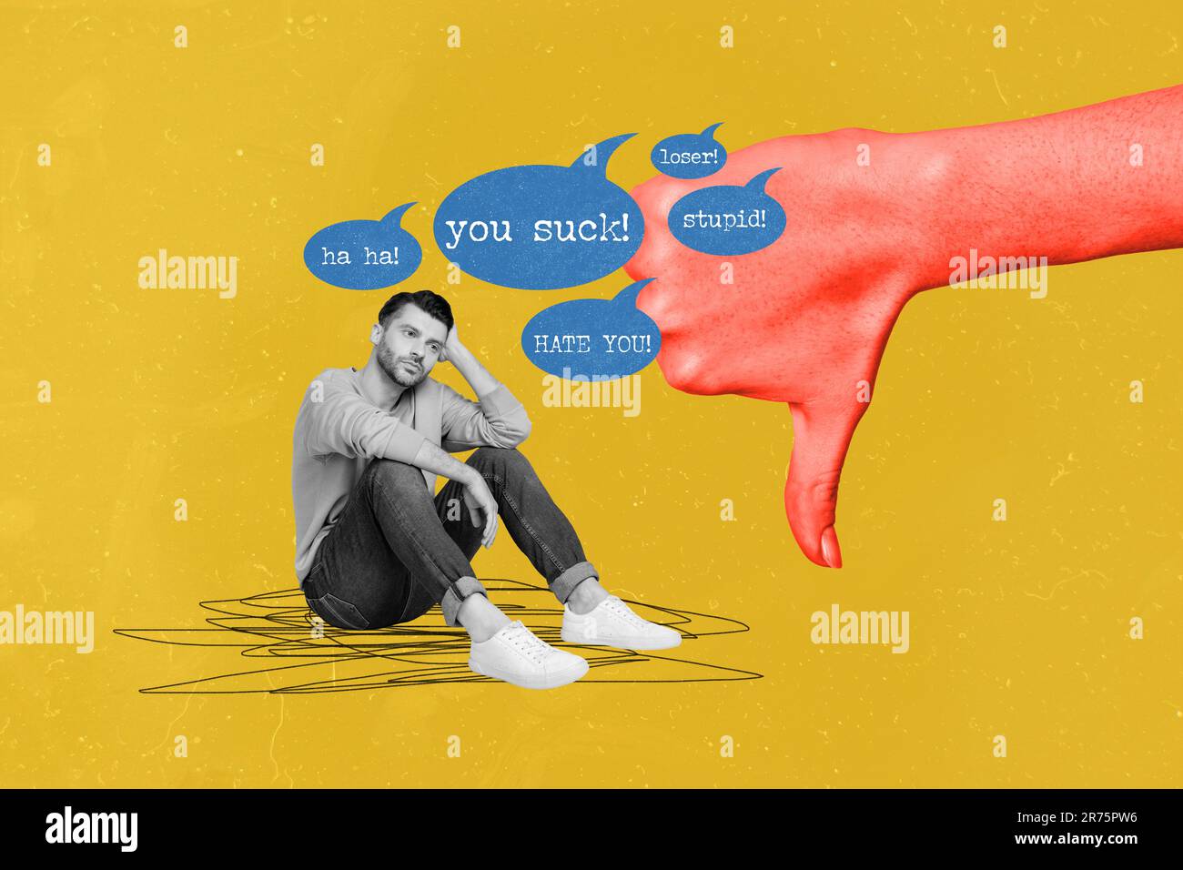 Drawing painting template collage of sad upset young guy suffer ...