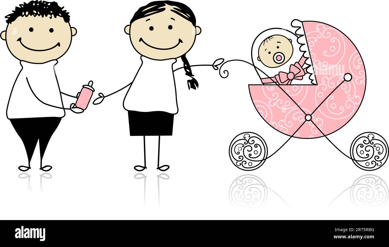 Parents walking with newborn, baby in buggy Stock Vector Image & Art ...