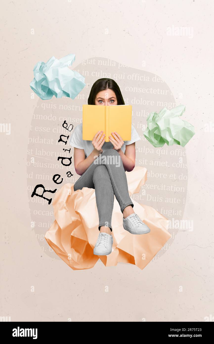Creative template collage of young lady sitting crumpled paper study ...