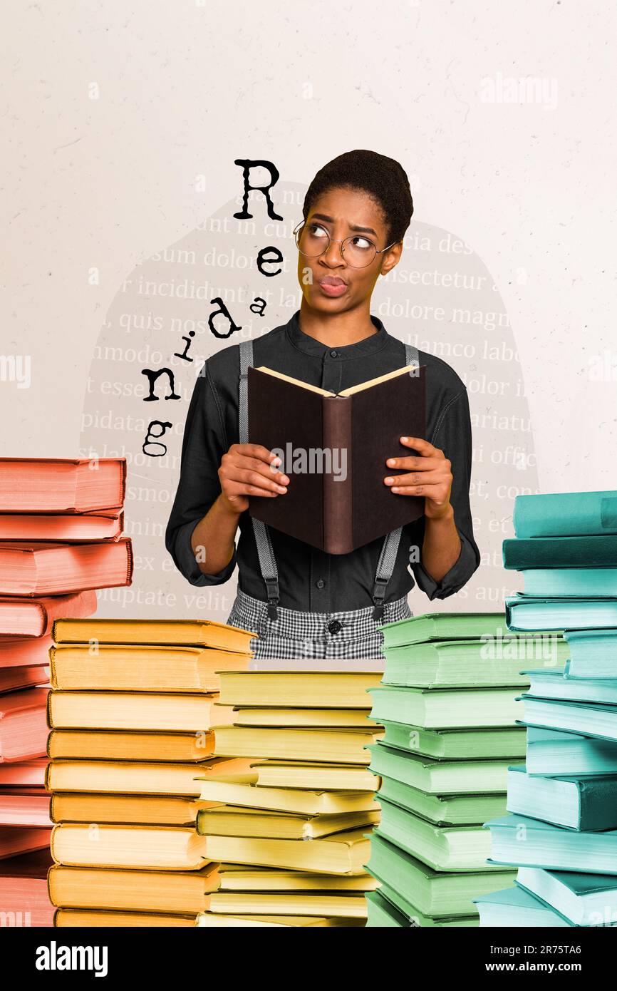 Poster banner collage of pensive lady guy nerd learning in library ...