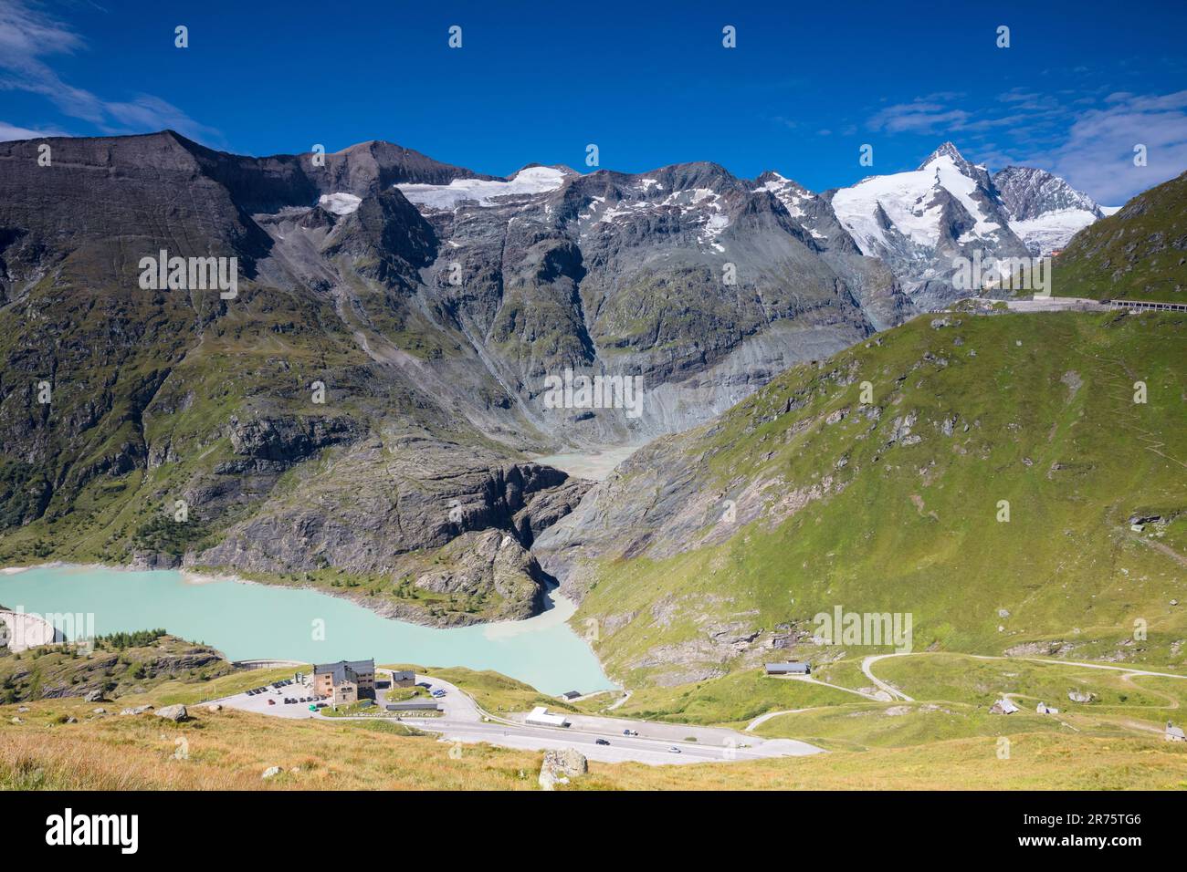 View towards Margaritzenstausee, Glocknerhaus and the Freiwand, in the background the snow ...