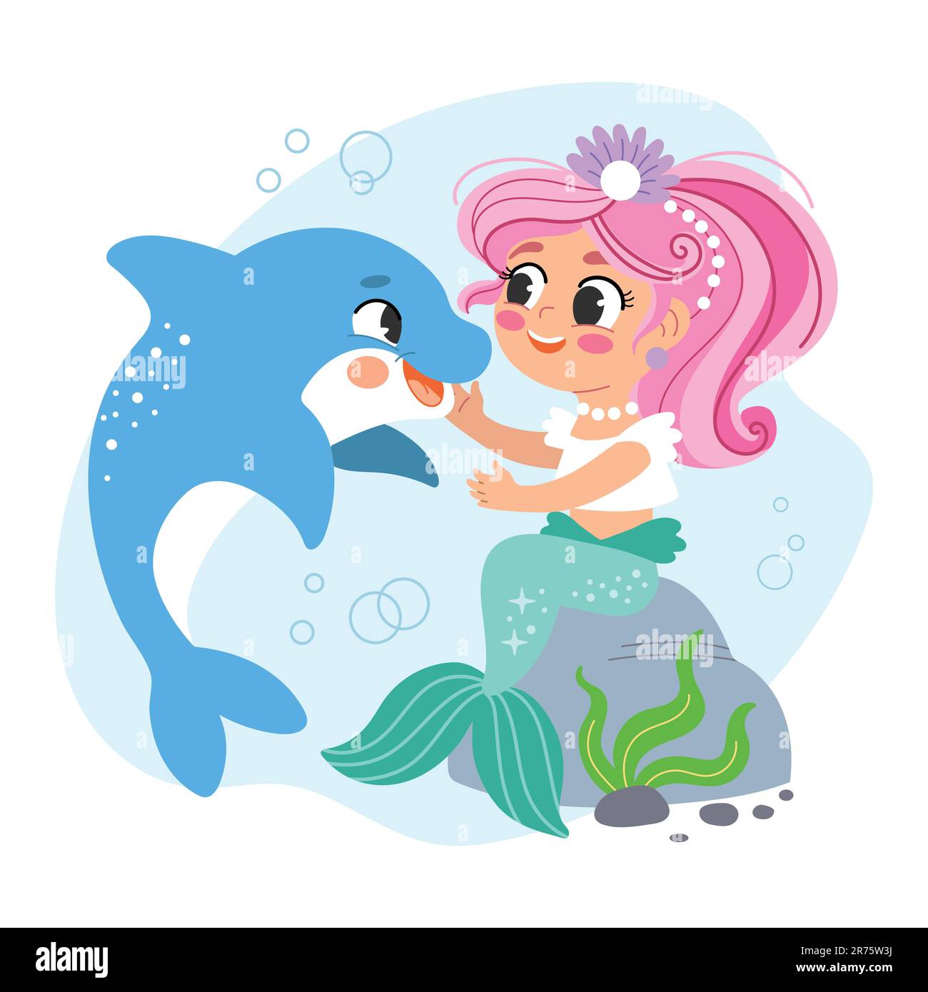 Cute cartoon pink haired mermaid with a friend dolphin. Vector cartoon isolated illustration in ...
