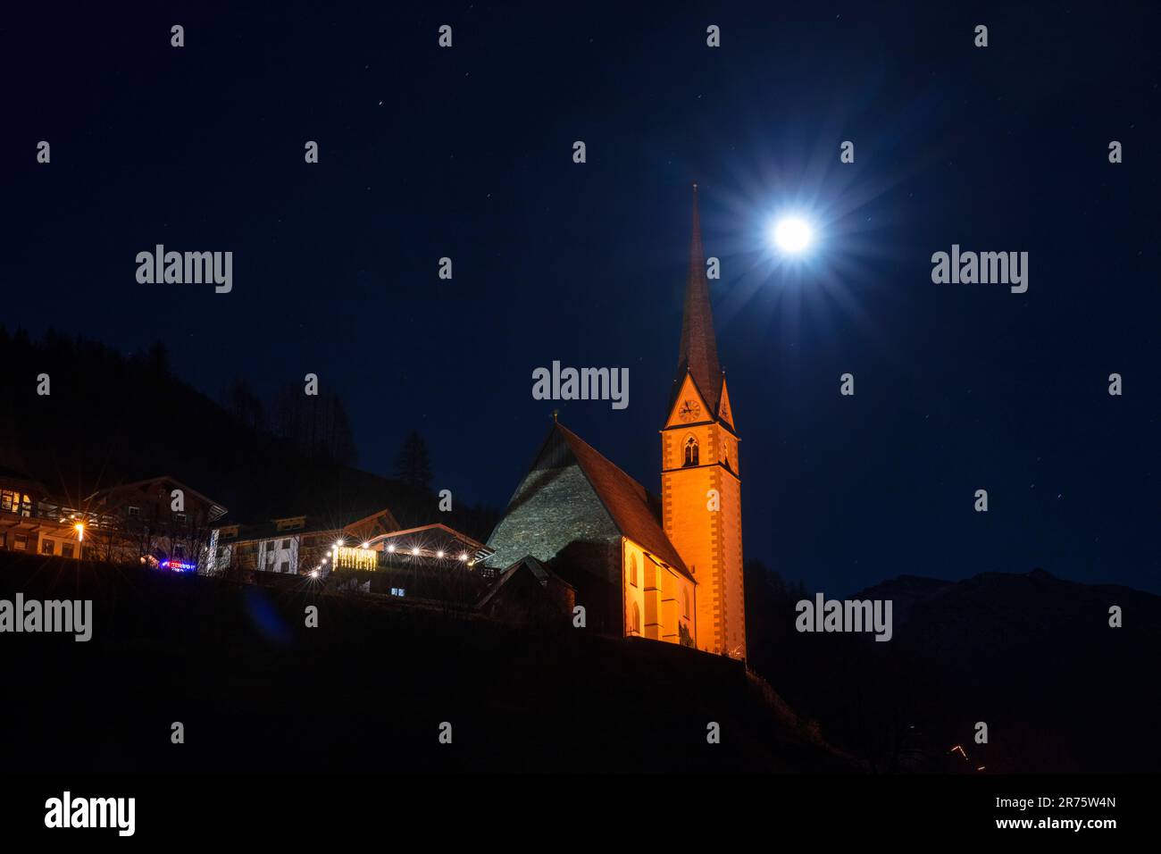 Parish church St.Vinzenz, at night, illuminated, Heiligenblut am ...