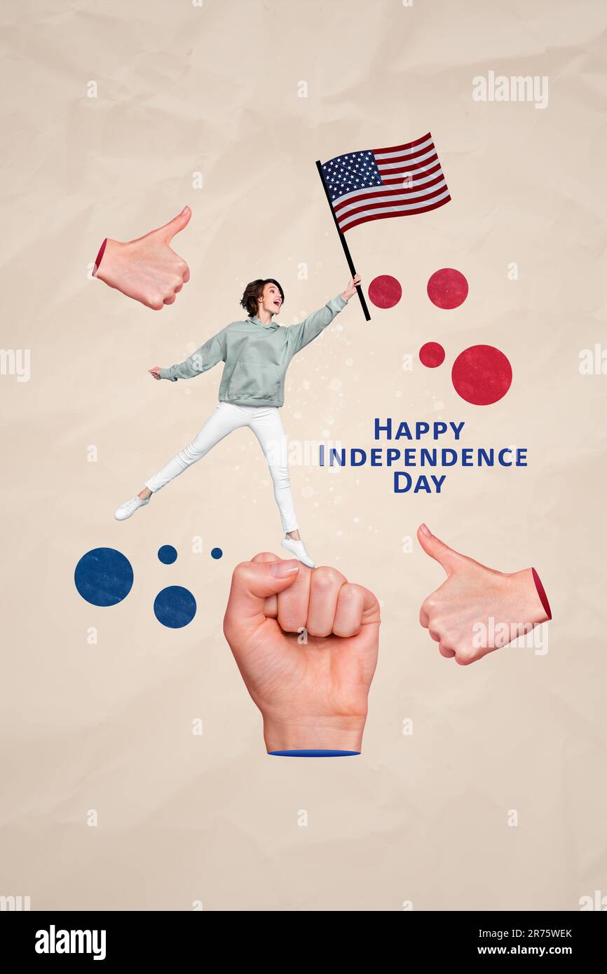 Collage patriotic funny woman jumping happy independence day hold ...