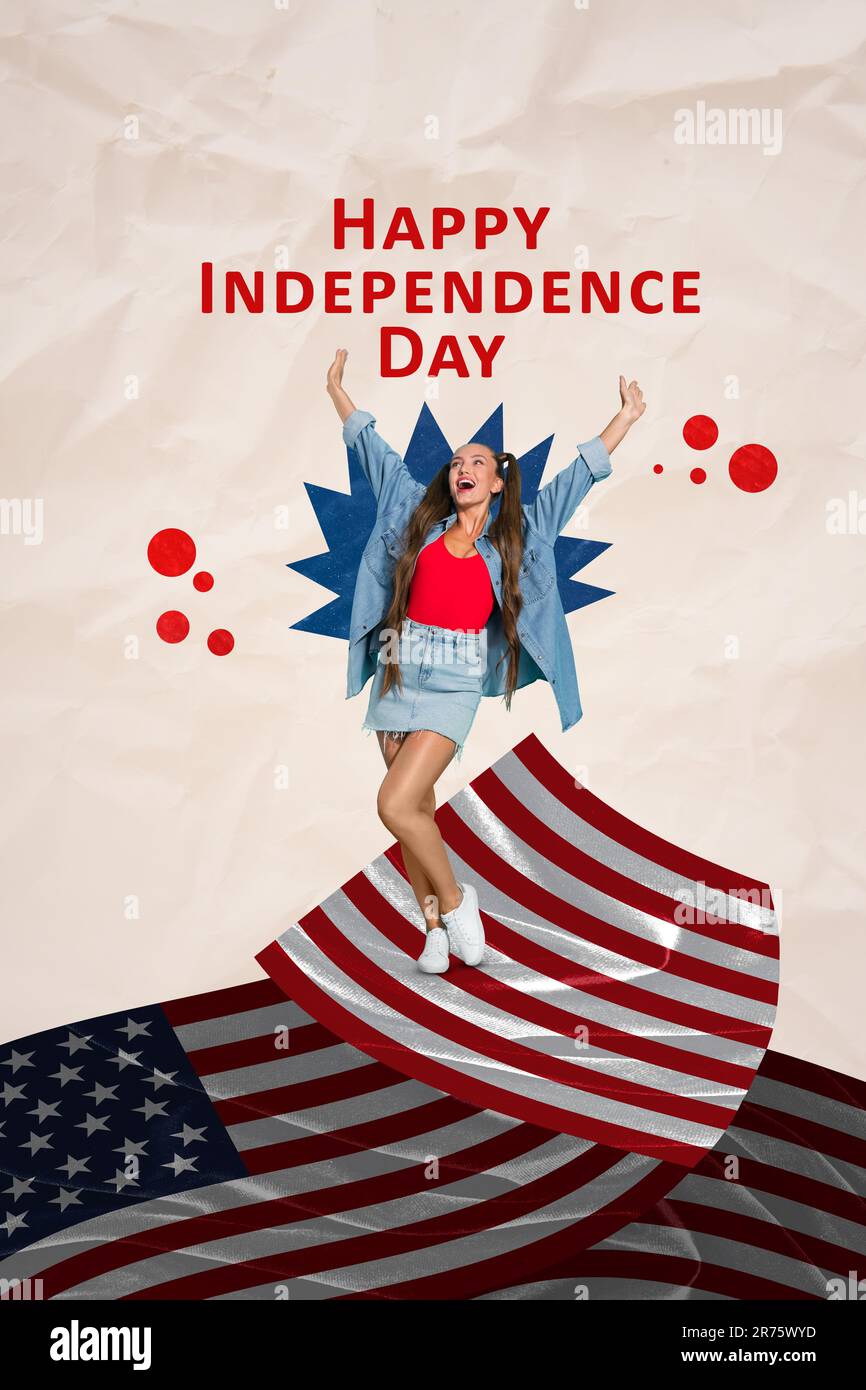 Collage emotional young girl dancing hands up happy national ...