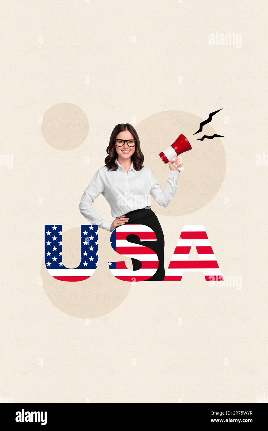 Vertical collage picture of positive elegant girl hold loudspeaker toa ...