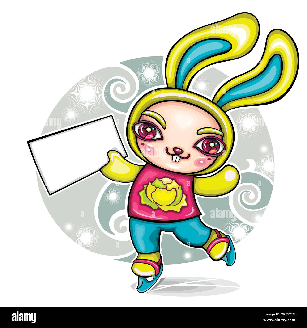 Vector greeting card: cute funny cartoon rabbit on Ice Skates, holding ...