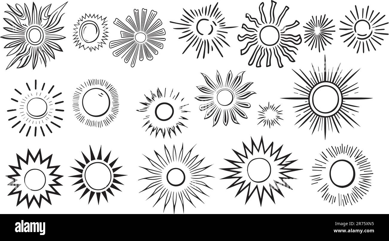 Doodle outlines of the sun. Vector drawing of sunbeams. Variety of ...