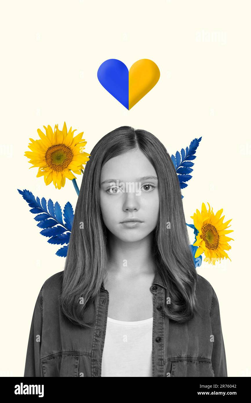 Vertical collage image of black white effect girl ukraine flag colors ...