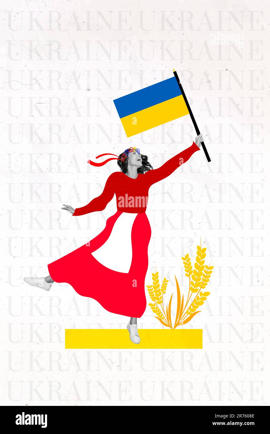 Vertical collage picture of excited girl arm hold ukraine flag wear ...