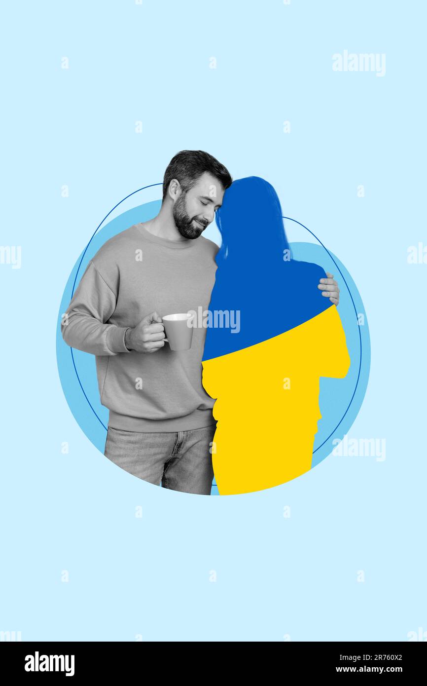 Collage illustration of two people man cuddle woman anonymous ukraine ...