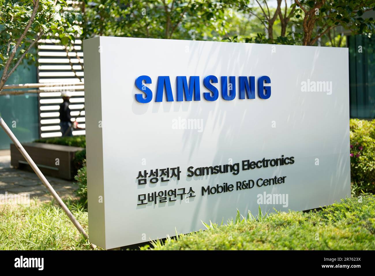 The logo of the Samsung Electronics Co. is seen during a media tour at ...