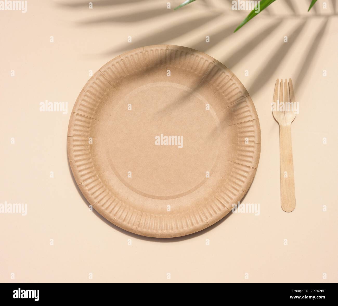 Brown paper plate and wooden fork, disposable tableware on a beige ...